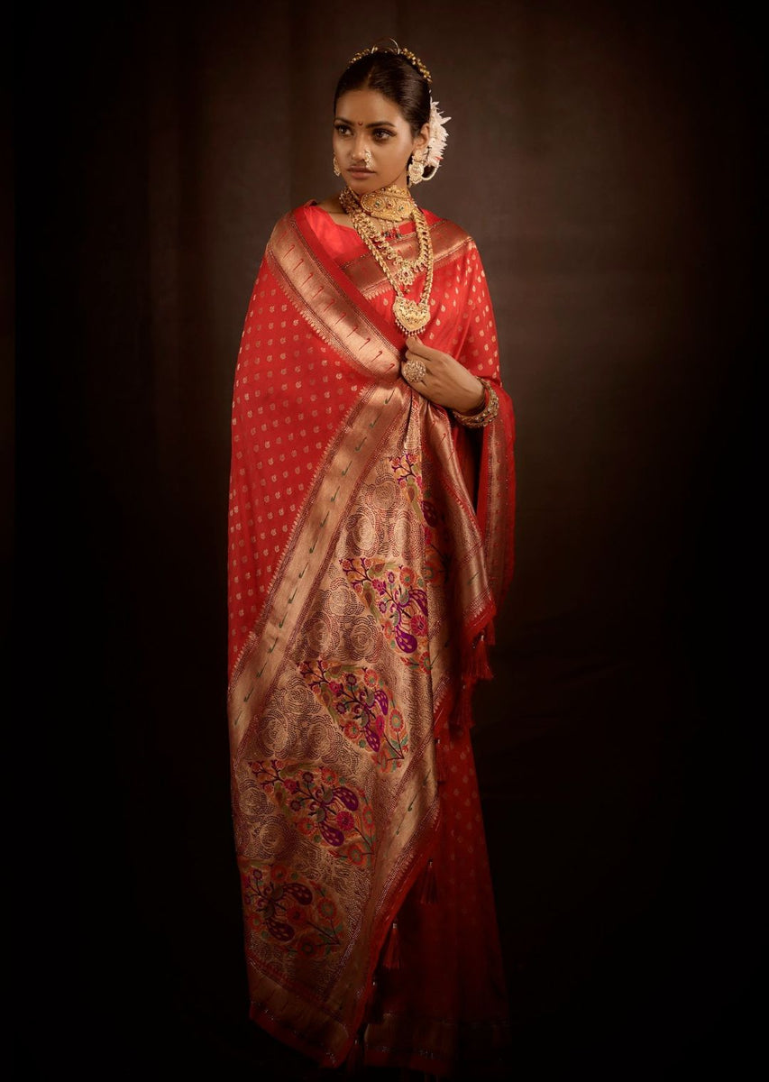 Coral Red Zari Woven Traditional Peshwai Paithani Silk Saree With Swar ...